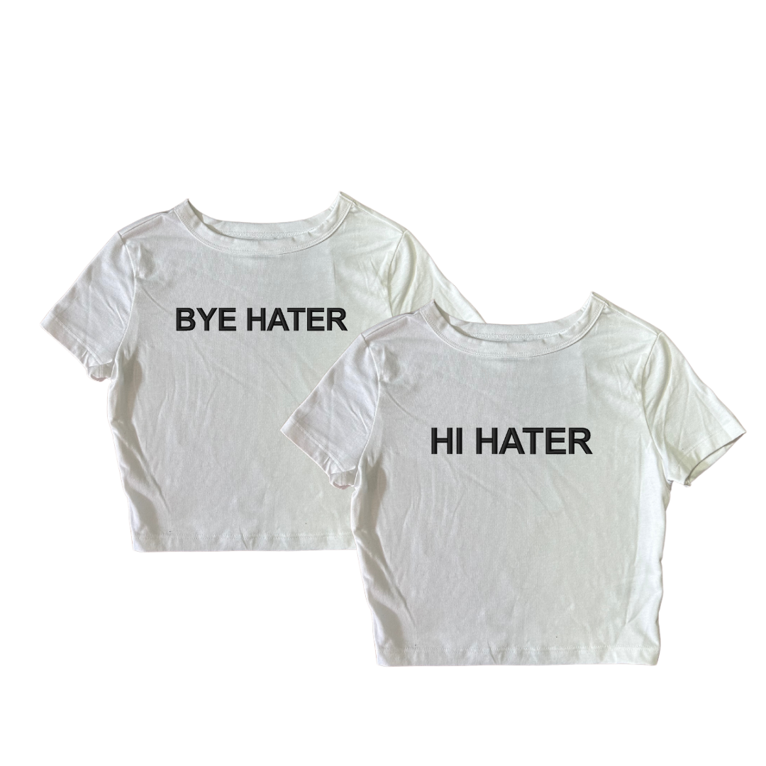 Embroidered ‘Hi Hater Bye Hater’ Cropped, Short Sleeve, Petite fit, Ad ...